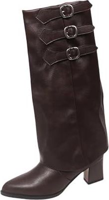 Generic Bottes hautes pour femme - Larges mollets - &Eacute;l&eacute;gantes - Bout pointu - Boucle classique - Talon &eacute;pais - Confortable - &Agrave; enfiler - Pour f&ecirc;te en plein ai