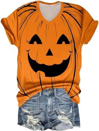Generic T-shirt dHalloween à manches courtes pour femme, haut dautomne imprimé à manches courtes, t-shirt à manches courtes et col en V pour lintérieur et lex