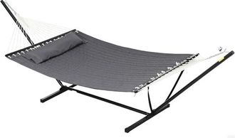 OUTSUNNY Hamac sur Pied avec Oreiller, hamac avec Support Acier, avec Barres d&eacute;cartement, pour Camping en Plein air, Plage, Gris fonc&eacute;