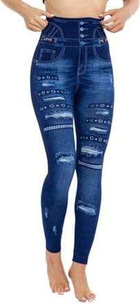 Generic Leggings Imitation Jean Femme Leggings Taille Haute Ceinture Elastiquée Slim Jeggings Femme Slim Extensible Pantalon de Crayon sans Couture