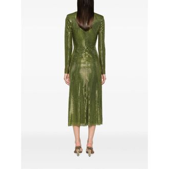 Self Portrait Sequined Ruched V-Neck Dress - Green