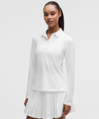 lululemon Quick-Dry Long-Sleeve Polo Shirt Straight Hem f&uuml;r Frauen - Gr&ouml;&szlig;e 10 in White