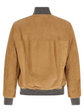 Brunello Cucinelli Suede Bomber with Knit Trim Jacket - Camel