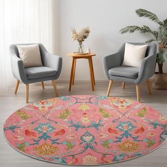 Generic Rose Tapis Art D&eacute;co Rond Antid&eacute;rapant, Lignes Fleurs Feuilles Motif Doux Tapis Poils Courts pour Salon Couloir Chambre Cuisine Descente de Lit - 120 c