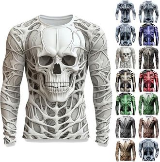 Generic T-shirt squelette dHalloween à manches longues pour homme - Imprimé graphique 3D - Fantaisie - Costume de fête - Pull amusant, A01-blanc, 3XL