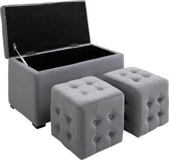 HOMCOM 3-teiliges Set mit Stauraum, 2 x Sitzhocker, Polster-Sitztruhe, Fu&szlig;hocker, Aufbewahrungsbox, Fu&szlig;ablage, belastbar bis 130 kg, Mikrofaserstoff
