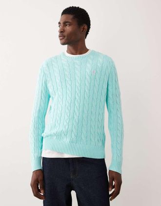 Polo Ralph Lauren Lang&auml;rmliges Sweatshirt in T&uuml;rkis mit Zopfstrickmuster und Logo-Symbol-Blau