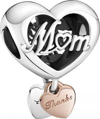Pandora Pandora Icons Charm Coeur inscription « Mom » (Maman) en argent sterling et en métal plaqué or rose 14 carats