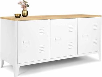 IDMarket Buffet Bas 113 cm Ester 3 Portes m&eacute;tal Blanc Plateau Bois Design Industriel