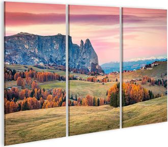 Islandburner Bild Bilder auf Leinwand Unglaublicher Sonnenaufgang auf der Seiser ALM mit sch&ouml;nen gelben L&auml;rchen und Schlern im Hintergrund. Bunter Herbstmorgen in 