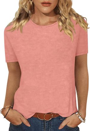 Minetom Tshirt Damen Sommer Basic Shirt Rundhals Kurzarm Oberteile Einfarbig T-Shirt Frauen Top