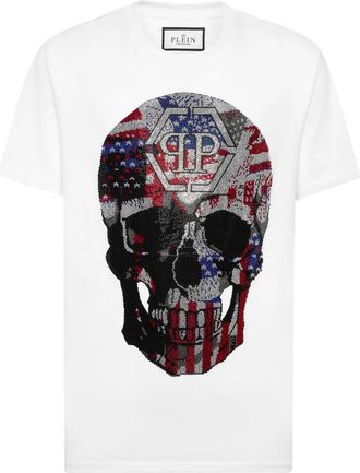 Philipp Plein Homme, Tops, Blanc, Taille: 2XL T-Shirt Col Rond T&ecirc;te de Mort America