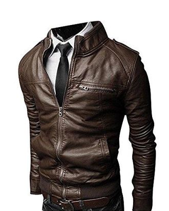 Yonglan Homme Slim PU en Cuir Veste de Jeunesse Veste de Cuir &agrave; Fermeture-&eacute;clair Veste de Moto Brun L