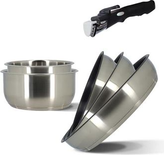 Menastyl Cuisson Batterie de cuisine amovible 6 pi&egrave;ces en inox IRIS - 3 po&ecirc;les + 2 casseroles + poign&eacute;e amovible s&eacute;curitaire - Tous feux dont induction - Acier inoxyda