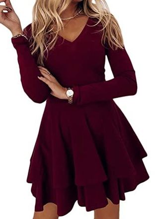TOMWELL Robe Femme Mi Longue Vintage Plissée au Genou Robe Chic et Elegant Soirée Party Cérémonie Cocktail Robe de Plage Midi Robe Décontractée A Vin Rouge M