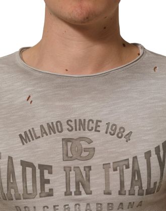 Dolce & Gabbana Mens Light Gray Graphic Print Distressed T-Shirt Cotton