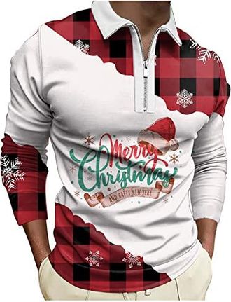 Generic Polo De Noel pour Homme Col Revers, Tee Shirt Manche Longue Homme Demi-Zip D&eacute;contract&eacute; Imprim&eacute; Carreaux Chemise Chic Et Elegant Sport Blouse Coupe Sli