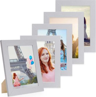 Photolini Bilderrahmen 13x18 Silber Holz MDF, 5x breite Bilderrahmen 18x13, Fotorahmen 13 x 18 cm mit Acrylglas, Picture Frame 18x13 zum Aufhängen & Aufstellen,
