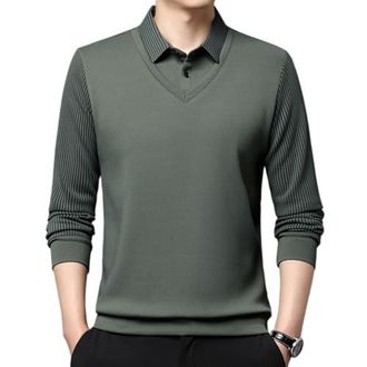 Generic Sempornai Chemise deux pi&egrave;ces &agrave; revers ray&eacute;e pour homme, faux revers deux pi&egrave;ces, haut &agrave; manches longues pour homme, Vert, XXL