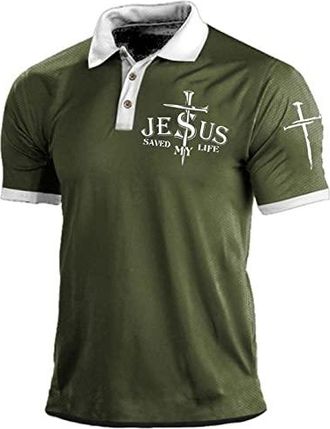 Keephen Jesus Saved My Life Polo à Manches Courtes Lettre drôle pour Hommes 3D Print Graphic Lapel T-Shirts Casual Button Down Tops