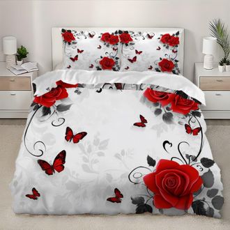 Generic 3D Bettw&auml;sche180x200 cm Weich Mikrofaser 3D-Roter Rosenschmetterling 3teilig Bettbezug mit Rei&szlig;verschluss und 2Kissenbezug Hypoallergen mithochwertige