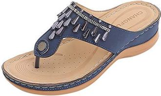 Generic Sandales en cuir pour femme - Sandales tendance en cuir avec strass - Sandales compens&eacute;es confortables - Couleur unie - Chaussures douces &agrave; enfiler - 