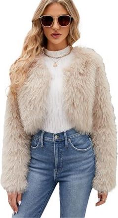ZhuiKun Boléro à Manches Longues pour Femme Veste courte à devant ouvert Sans Col Manteau en Fausse Fourrure - Beige, XXL