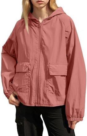 Generic Veste imperméable légère et pliable avec capuche pour femme, coupe-vent, protection solaire, manteau respirant pour randonnée, sport, Rouge, 4XL