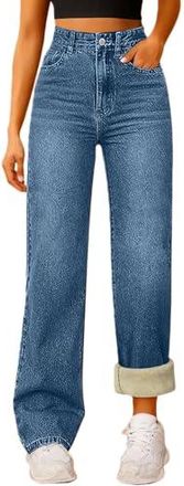 Generic Jean doubl&eacute; en polaire pour femme - Taille haute - Jambe large - Extensible - Taille haute - Coupe droite - Joli petit ami, noir fonc&eacute;, XL