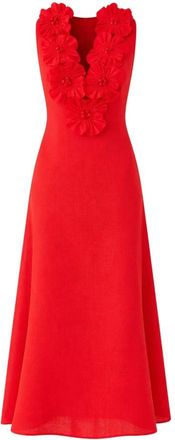 Farm Rio Farm Rio, Femme, Robes, Rouge, Taille: 36 FR Robe Midi en Lin &agrave; Col Halter et Appliqu&eacute;s Floraux