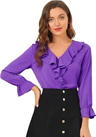 Allegra K Chemisier en Mousseline de Soie à col en V et à Volants pour Femmes Violet foncé XS