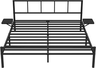 Vasagle Lit Double, Lit 2 Personnes, Cadre de Lit en Métal avec Étagères de Rangement, Tête de Lit, Lit Adolescent, Adapté pour Matelas 140 x 190 cm, Montage