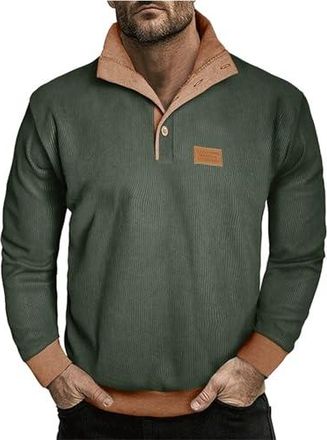 Generic Pull en velours côtelé pour homme - Col en V - Manches longues - Col montant - Pull dhiver chaud en velours côtelé, Vert, XXL