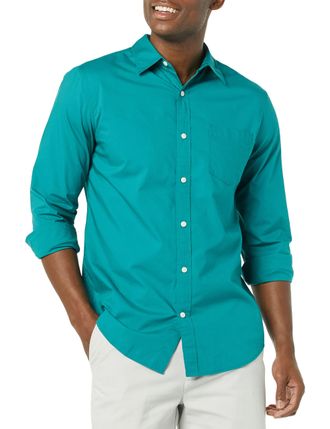 Amazon Essentials Herren Lang&auml;rmeliges Hemd Aus Stretch-Popeline Mit Schlanker Passform, Gr&uuml;nblau, L
