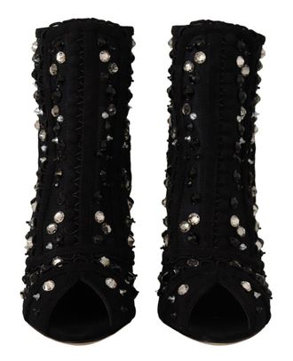 Dolce & Gabbana Womens Black Crystals Heels Zipper Short Boots Shoes Nylon