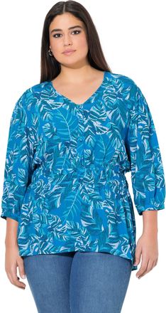 Ulla Popken Damen gro&szlig;e Gr&ouml;&szlig;en &Uuml;bergr&ouml;&szlig;en Plus Size Bluse, Bl&auml;tter, A-Linie, V-Ausschnitt, 3/4-Arm Petrolblau 50+ 838528738-50+