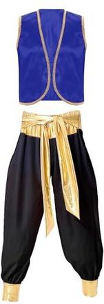 dPois Homme Déguisement Arabe Gilet Pantalon Costume Arabe Roi Prince Carnaval Partie Fête Jeux de Rôle E Bleu Roi et Noir XXL