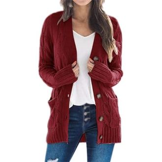 Generic Cardigan dautomne d&eacute;contract&eacute; &agrave; manches longues boutonn&eacute; sur le devant pour femme, cardigan ample &agrave; boutons avec poches, bordeaux, 5XL