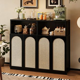 Generic Vintage-Sideboard aus Rattan mit gew&ouml;lbten Schrankt&uuml;ren Offene Regalb&ouml;den + geschlossene Stauf&auml;cher Teeschrank for zu Hause und Aufbewahrungsm&ouml;bel for