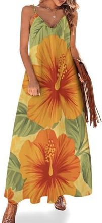 Generic Robe longue dété décontractée à col en V pour femme, style bohème, sans manches, pour la plage, les voyages, les vacances dété 2025, Fleurs orangées.,
