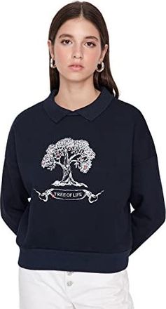 Trendyol Col de Chemise avec Slogan Boyfriend Sweat-Shirt Maillot de survêtement, Bleu Marine, S Femme