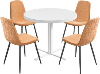 Vasagle 1 Table Ronde avec 4 Chaises de Salle à Manger, Ensemble de Salle à Manger, Support en Acier, Montage Facile, Blanc Neige et Marron Caramel