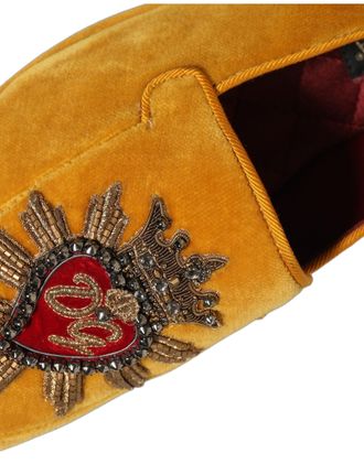 Dolce & Gabbana Mens Velvet Heart-Embroidered Flat Yellow Leather