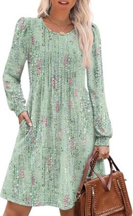 Generic Mini robe gaufr&eacute;e de style boh&egrave;me &agrave; manches longues et col rond - Robe d&eacute;contract&eacute;e fluide avec poches lat&eacute;rales - Douce et extensible - Confortable -