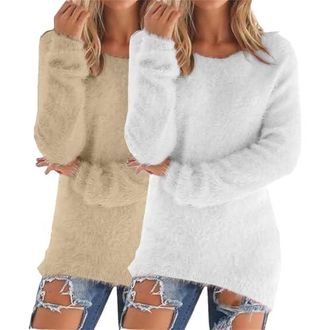 Generic Lot de 2 pulls au crochet pour femme - Couleur unie - Chaud - Doublé en polaire - Manches longues - Col rond - Doux et confortable - Pull ample - Pour