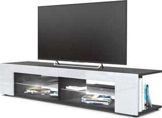 Vladon Lowboard Movie, TV-Kommode mit 4 offenen F&auml;chern und Zierleisten, Schwarz matt/Wei&szlig; Hochglanz, inkl. LED-Beleuchtung wei&szlig; (134 x 29 x 39 cm)