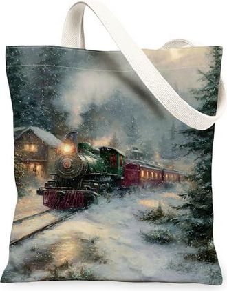 Generic Sacs fourre-tout en toile pour train dhiver, sacs r&eacute;utilisables vintage locomotive artistique, sacs de vacances l&eacute;gers et lavables avec bandouli&egrave;re en
