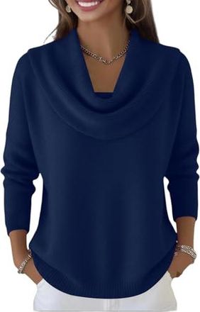 Generic Pull tricot&eacute; &agrave; col b&eacute;nitier pour femme - Pull drap&eacute; &agrave; manches longues - Coupe d&eacute;contract&eacute;e - Pull en tricot c&ocirc;tel&eacute; en peluche douce - &Eacute;l&eacute;gant - Pull d