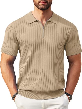Coofandy Poloshirts f&uuml;r Herren Golf Striped Polo Kurzarmhemd mit Rei&szlig;verschluss Sommer Business Slim Fit M&auml;nner Poloshirt Khaki XXXL