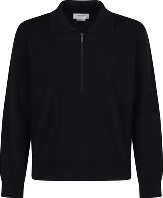 Thom Browne Homme, Pulls, Bleu, Taille: S Pull ras du cou Double Face en Laine M&eacute;rinos &agrave; Rayures 4-Bar et Demi-Zip